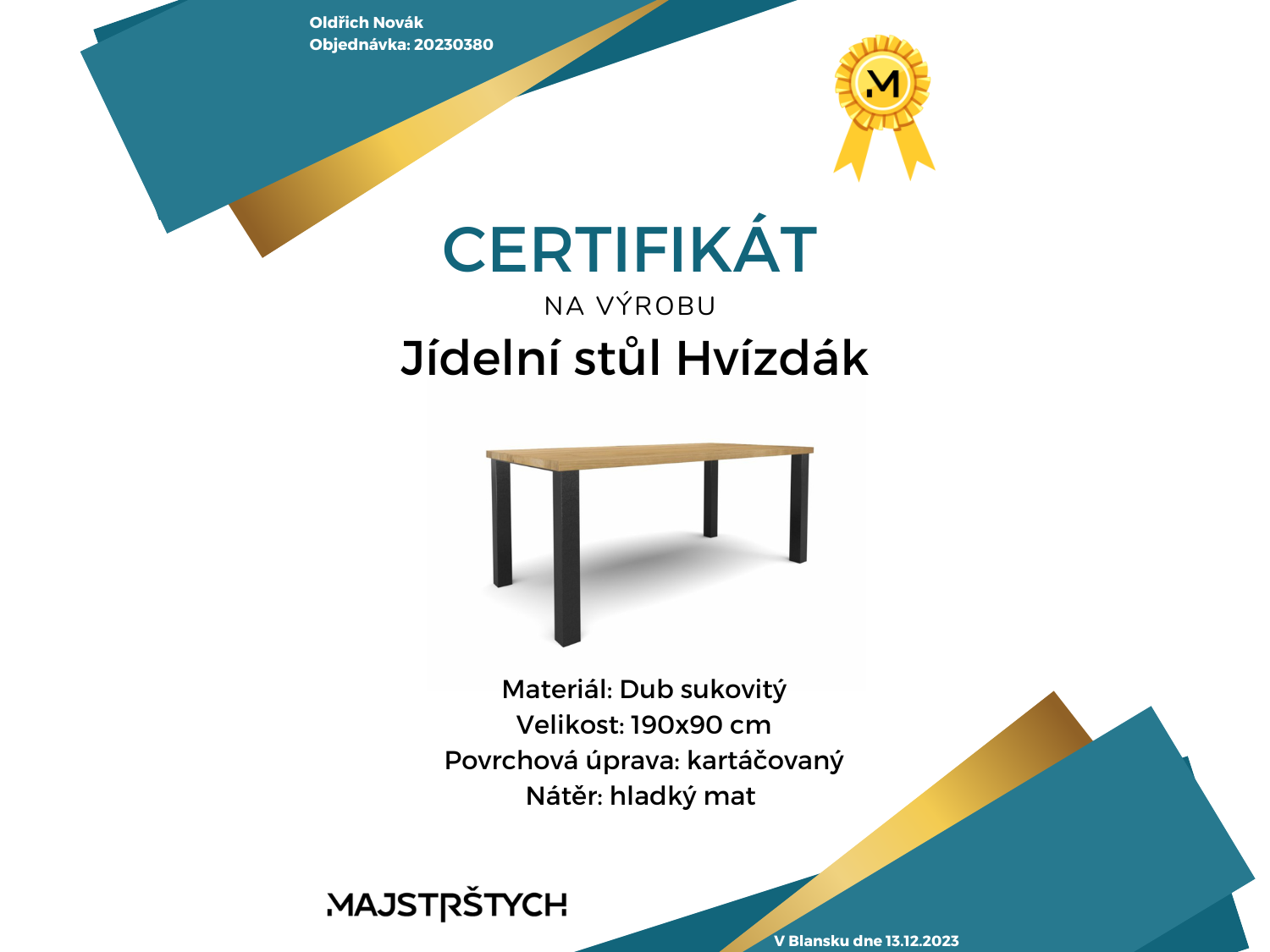 Certifikát o výrobě nábytku jako vánoční dárek - Majstrštych